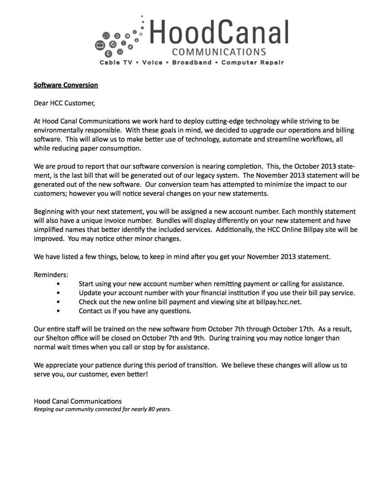 Software Conversion Notification • Hood Canal Communications